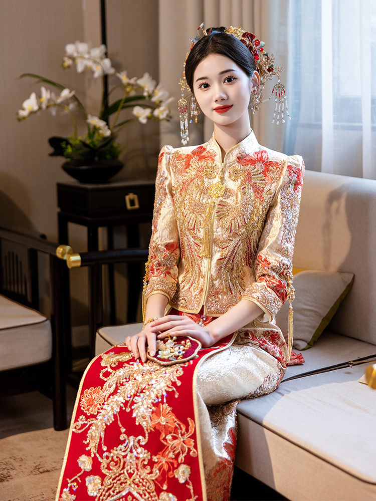 High End Toast gown, Champagne Dragon and Phoenix Xiuhe Jacket , Gold ...
